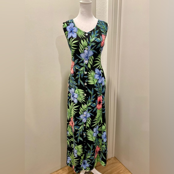 Koret | Dresses | Vtg 9s Koret Black Hawaiian Tropical Floral Buttonup ...